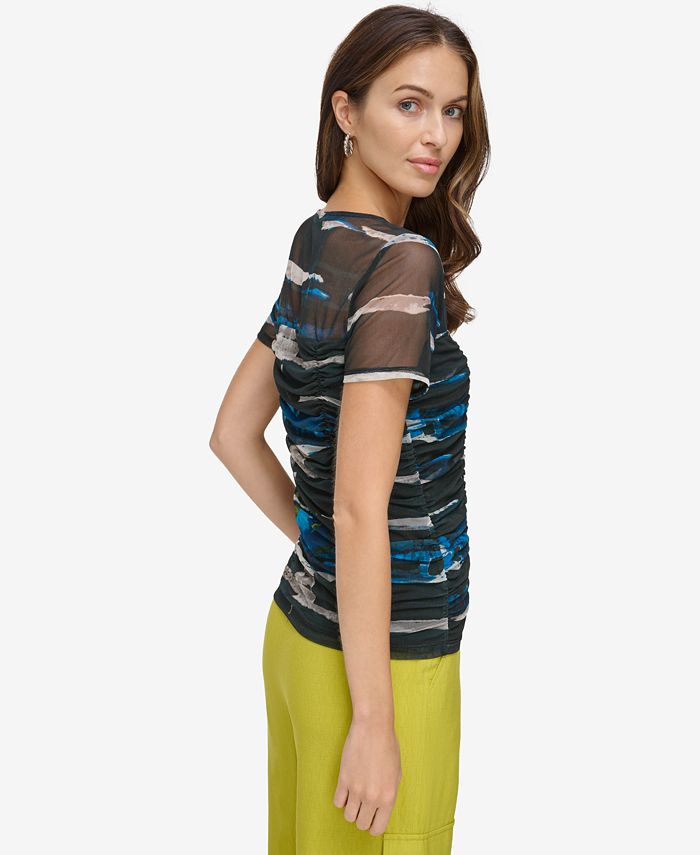 DKNY Women's Printed Ruched-Front Sheer-Sleeve Mesh Top - Macy's