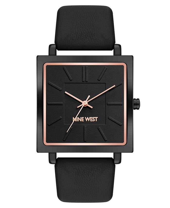 Nine West Women's Quartz Square Black Faux Leather Band Watch, 35mm ...