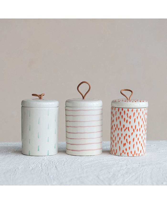 Storied Home Stoneware Containers with Lids and Leather Pulls, Multicolor, Set of 3 - Macy's