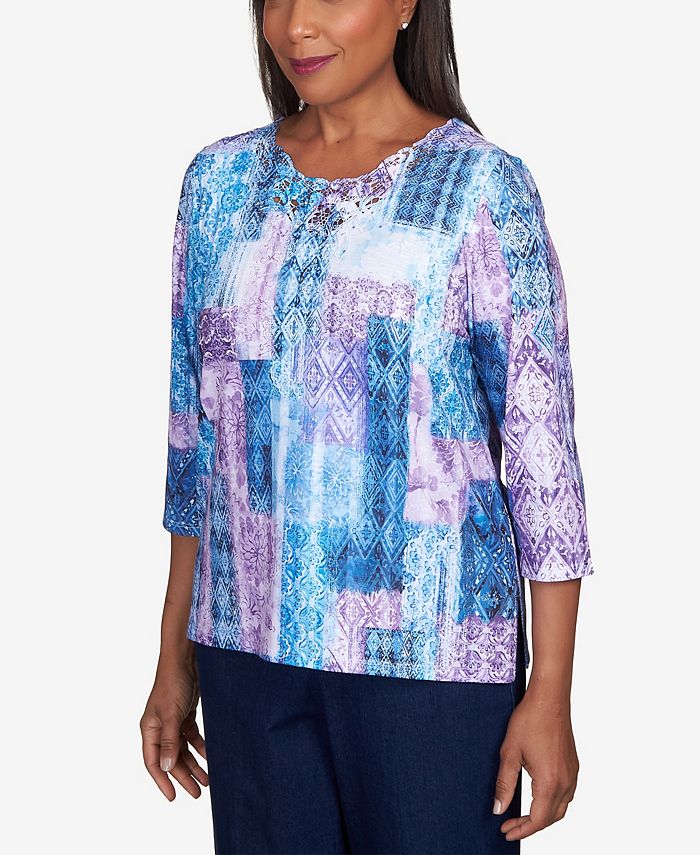 Alfred Dunner Women's Lavender Fields Patchwork Lace Neck Top - Macy's
