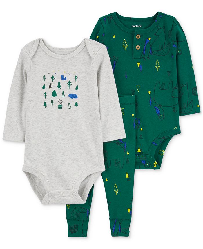 Carter's Baby Boys 3-Pc. Heathered Printed Bodysuit, Printed Bodysuit & Pants Set - Macy's