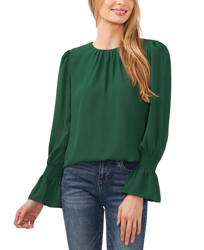 CeCe Women's Crewneck Long Sleeve Smocked Ruffle Cuff Blouse - Macy's