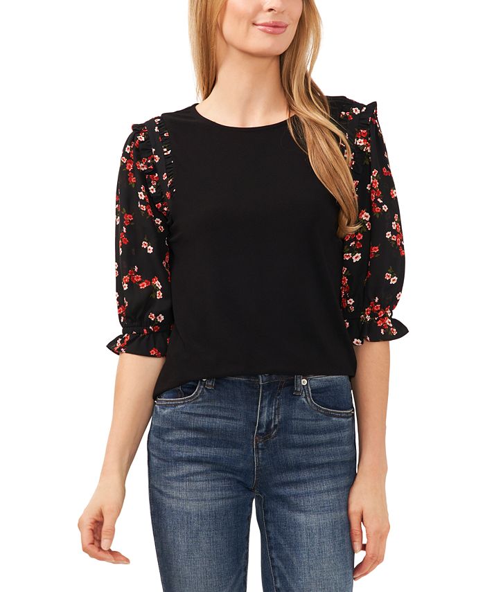CeCe Women's Crewneck 3/4 Floral Print Sleeve Knit Top - Macy's