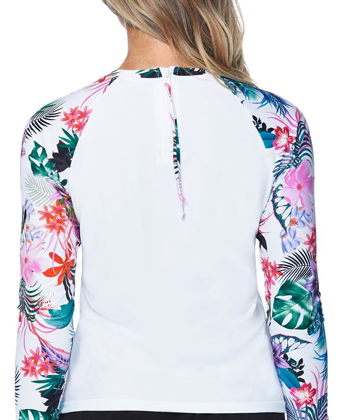 Raisins Juniors' Back Zip Printed-Sleeve Rash Guard Top - Macy's