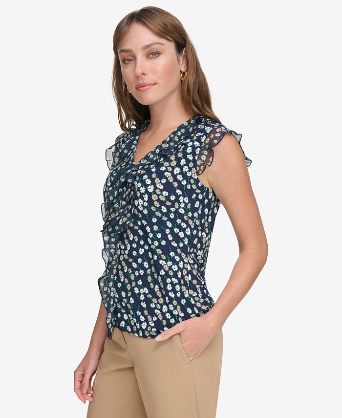 Tommy Hilfiger Womens Ruffled V Neck Sleeveless Top Macys