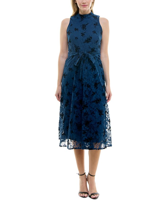 Maison Tara Women's Flocked-Lace Tie-Waist Dress - Macy's