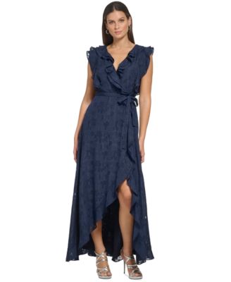 Women's Flutter-Sleeve Ruffle-Front Tie-Waist Gown
