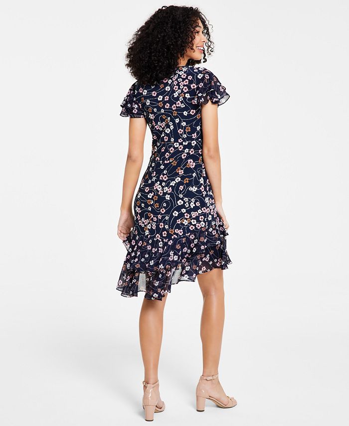 Tommy Hilfiger Women's Floral-Print Flutter-Sleeve Dress - Macy's