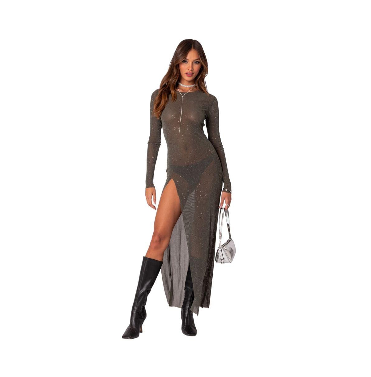 Click here for Womens Shiny Mesh Maxi Slit Dress - Olive prices