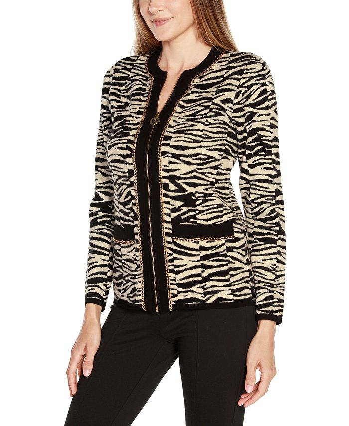 Belldini Black Label Women's Zebra Jacquard Sweater Jacket - Macy's