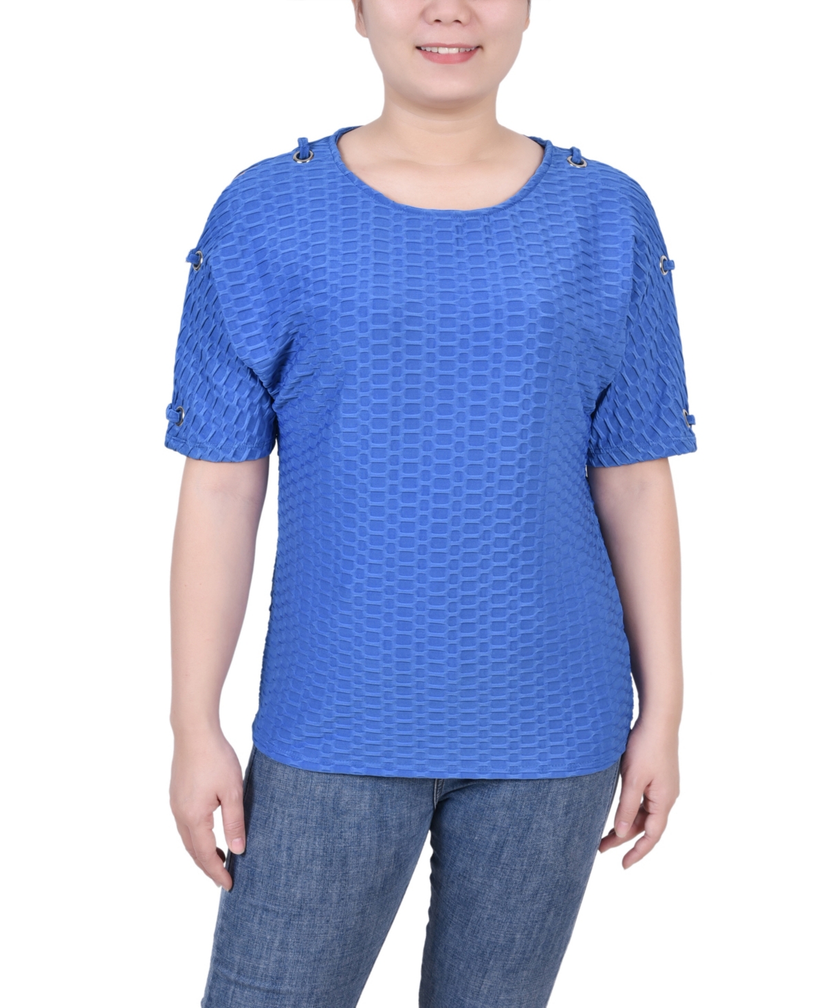 Click here for Ny Collection Petite Short Sleeve Honeycomb Textur... prices