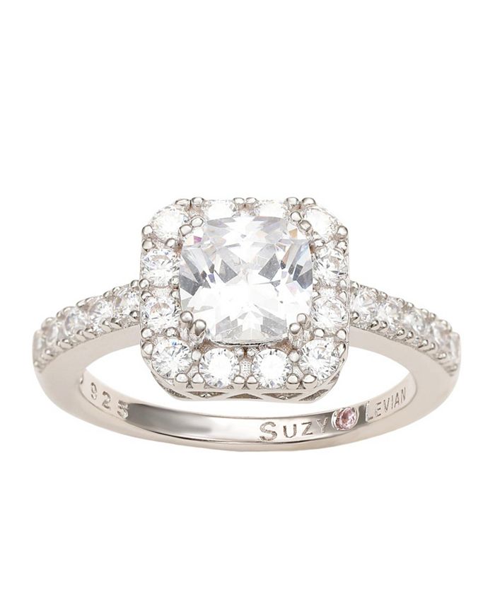 Suzy Levian New York Suzy Levian Sterling Silver Emerald Cut Cubic Zirconia Halo Engagement Ring ...