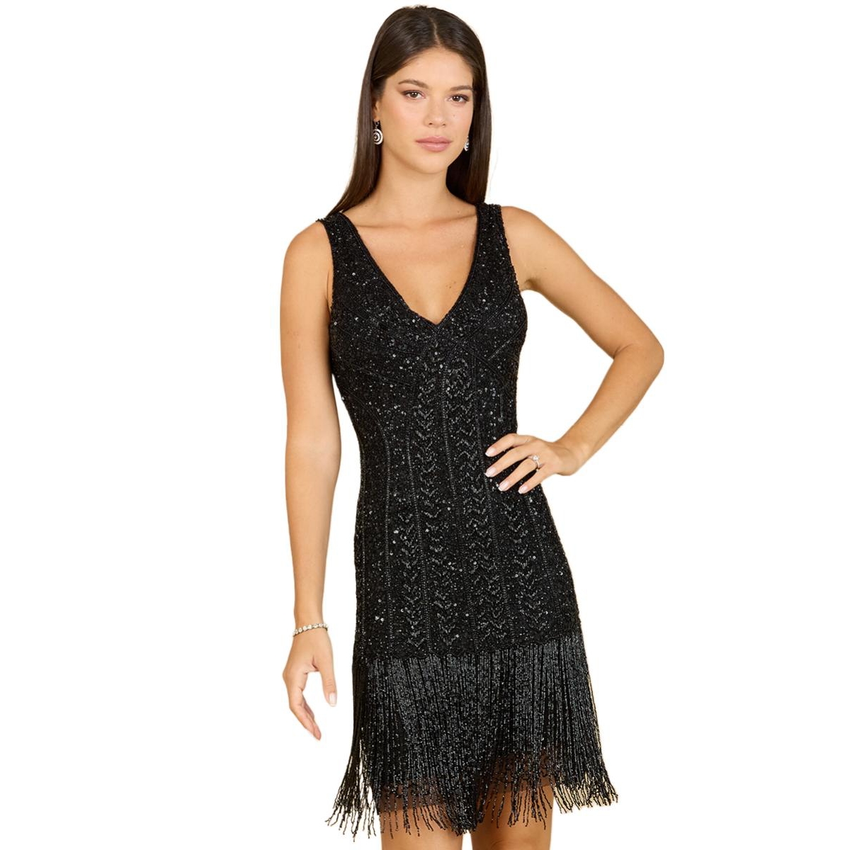 Click here for Lara Womens Beaded Fringe Cocktail Dress - Black prices