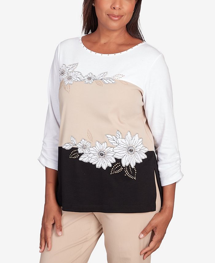Alfred Dunner Petite Neutral Territory Blocked Floral Embroidery Top ...