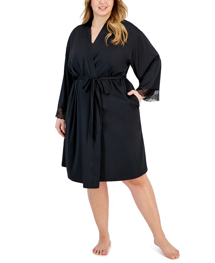 I.N.C. International Concepts Plus Size Lace-Trim Stretch Satin Robe ...