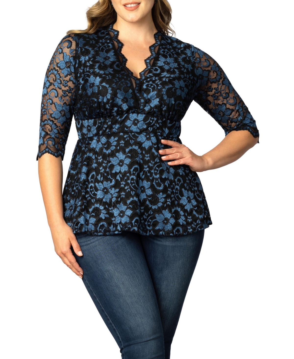 Click here for Kiyonna Plus Size Luxe Lace Top - Dark Blue prices