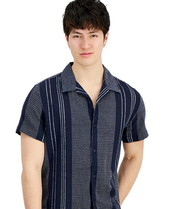 GUESS Men's Rhodes Textured Stripe Dobby Button Down Camp Shirt - Macy's