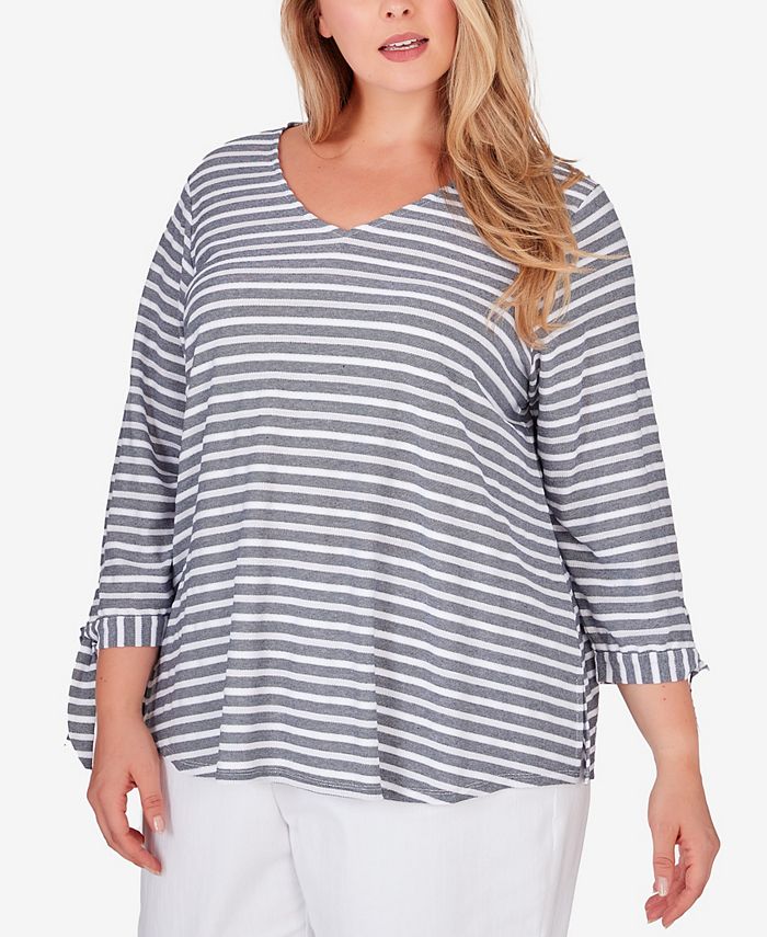 Ruby Rd. Plus Size V-neck Light Weight Stripe Knit Top with Tie Sleeve ...