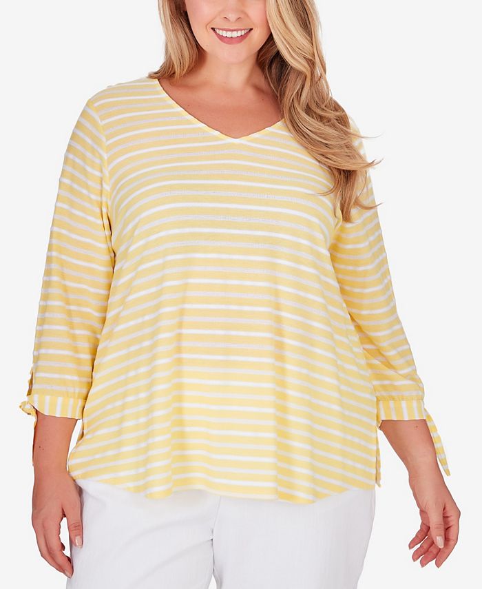 Ruby Rd. Plus Size V-neck Light Weight Stripe Knit Top with Tie Sleeve ...