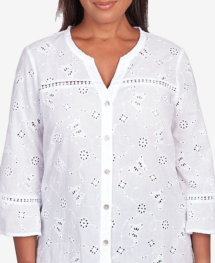 Alfred Dunner Women's In Full Bloom Butterfly Eyelet Button Front Shirt ...