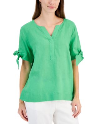 Charter Club Women's 100% Linen Split-Neck Tie-Cuff Top, Created for Macy's - Macy's