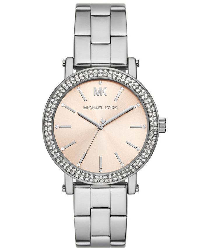 Michael Kors Women's Corey Three-Hand Silver-Tone Stainless Steel Watch ...