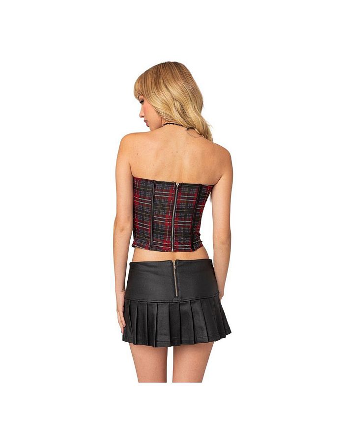 Edikted Women's Tory plaid print mesh corset top - Macy's