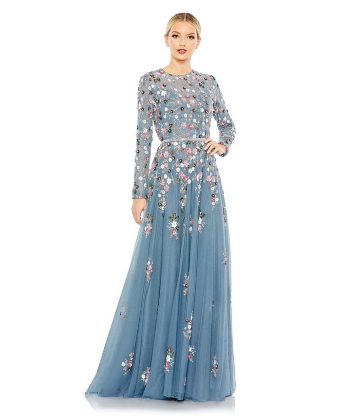 Mac Duggal Women's Sequined Floral Long Sleeve High Neck Gown - Macy's