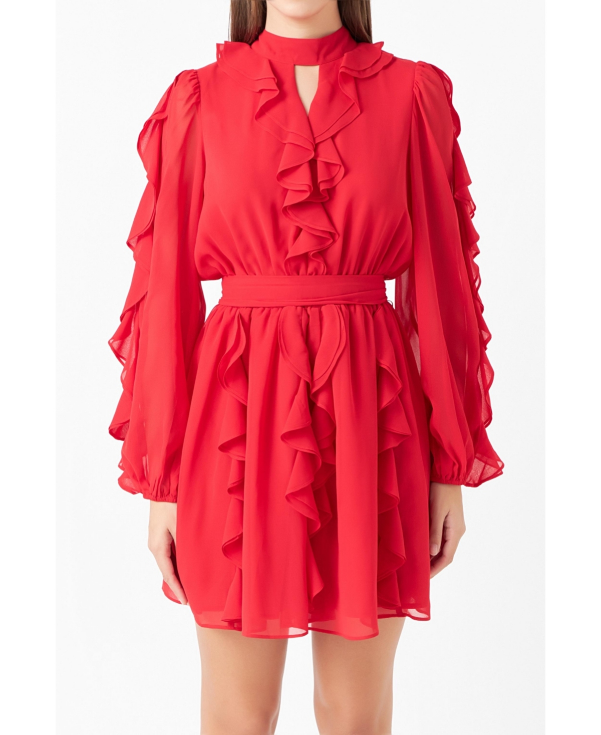 Click here for Womens Chiffon Ruffled V Mini Dress - Red prices