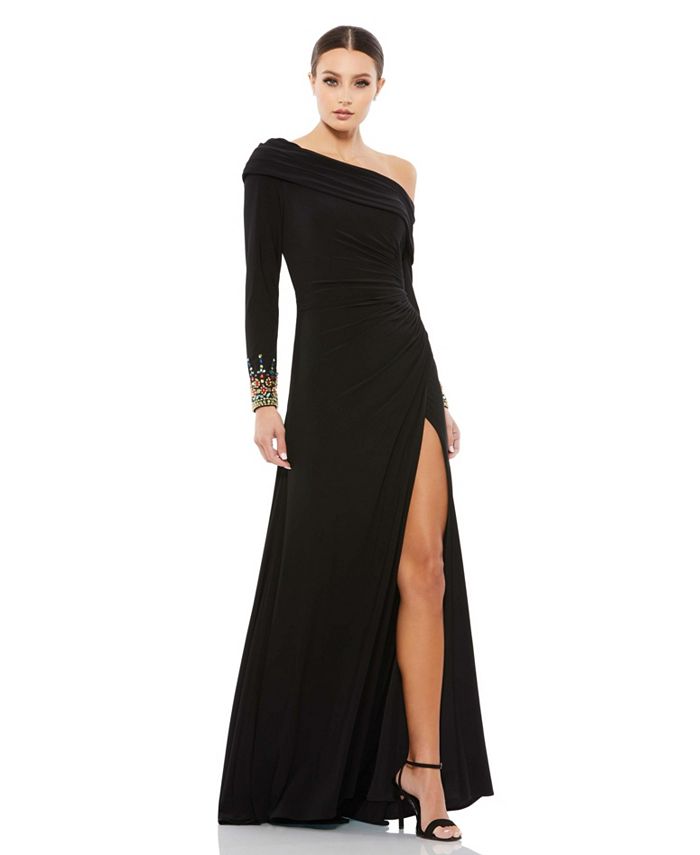 Mac Duggal Beaded Cuff Drop Shoulder Faux Wrap Gown - Macy's
