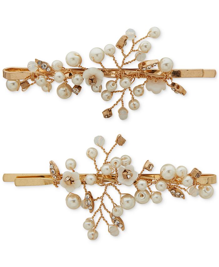 lonna & lilly 2-Pc. Gold-Tone Pavé & Imitation Pearl Flower Bobby Pin ...