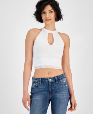GUESS Women's Lila Cutout Seamless Ribbed Lace-Trim Sweater - Macy's