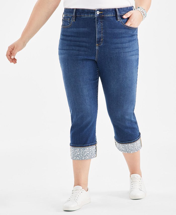 Style & Co Plus Size High-Rise Embroidered Cuffed Capri Jeans, Created ...