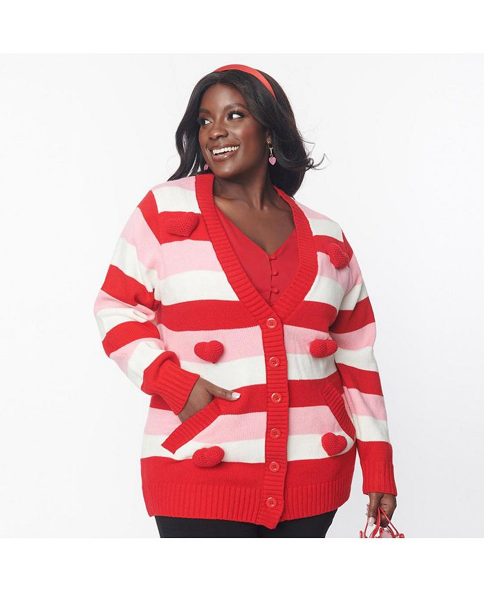 Unique Vintage Plus Size Pink & Red Striped Crochet Hearts Cardigan ...
