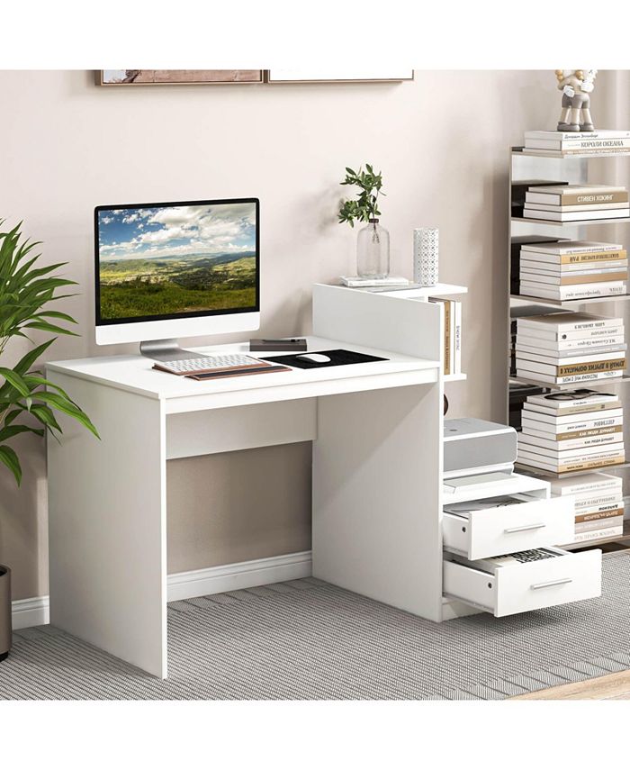 Slickblue Computer Desk Home Office with Bookshelf and Drawers-White ...