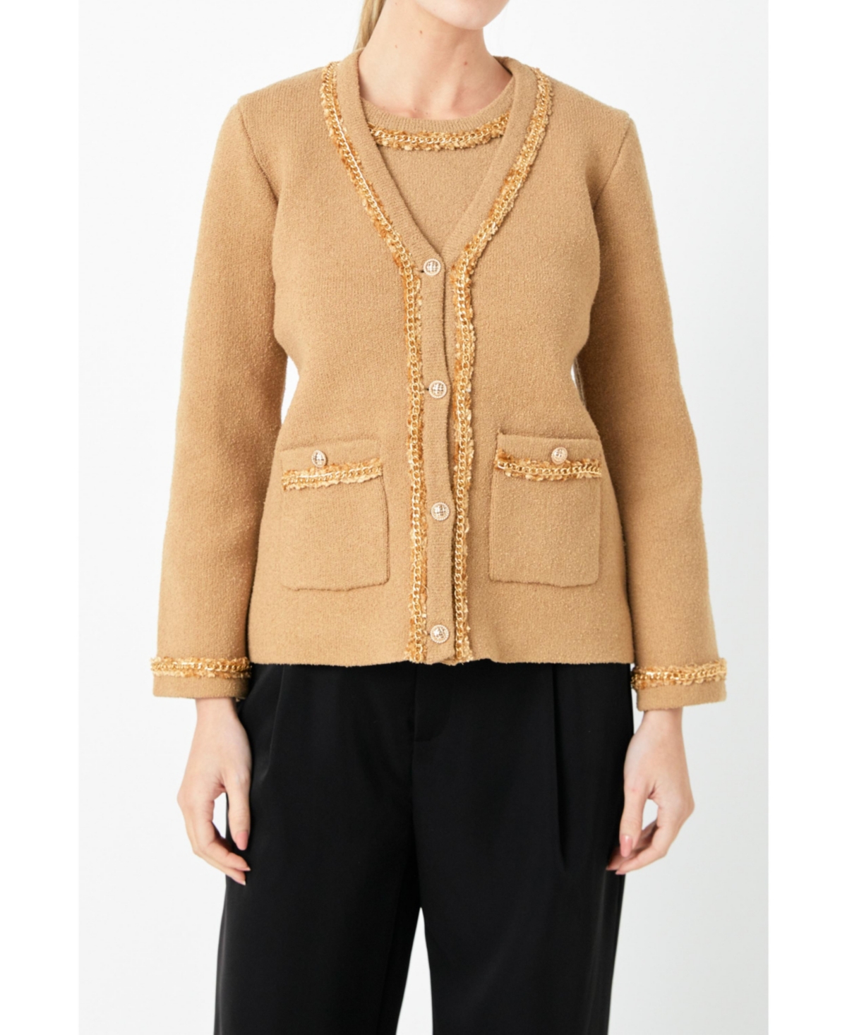 Click here for Womens Chain Trim Cardigan - Camel prices
