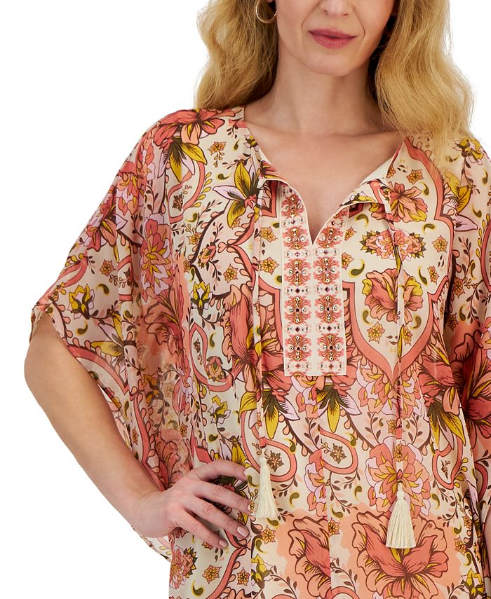 JM Collection Women's Short Sleeve Printed Embellished Caftan Dress, Created for Macy's - Macy's