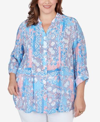 Ruby Rd. Plus Size Silky Gauze Patio Party Patchwork Button Front Top ...