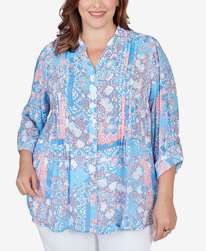 Ruby Rd. Plus Size Silky Gauze Patio Party Patchwork Button Front Top ...