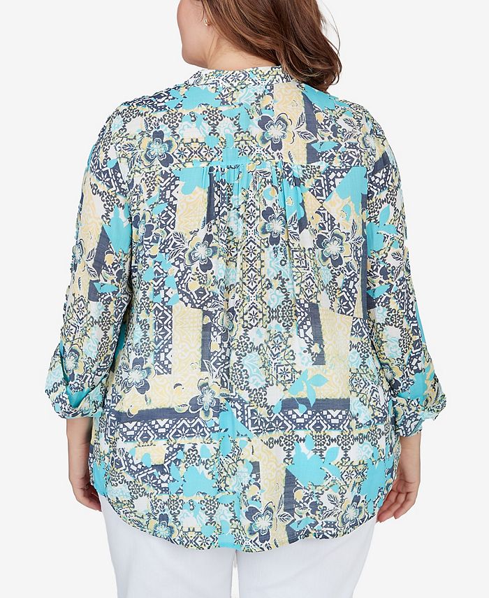 Ruby Rd. Plus Size Seaside Silky Gauze Patchwork Button Front Top - Macy's