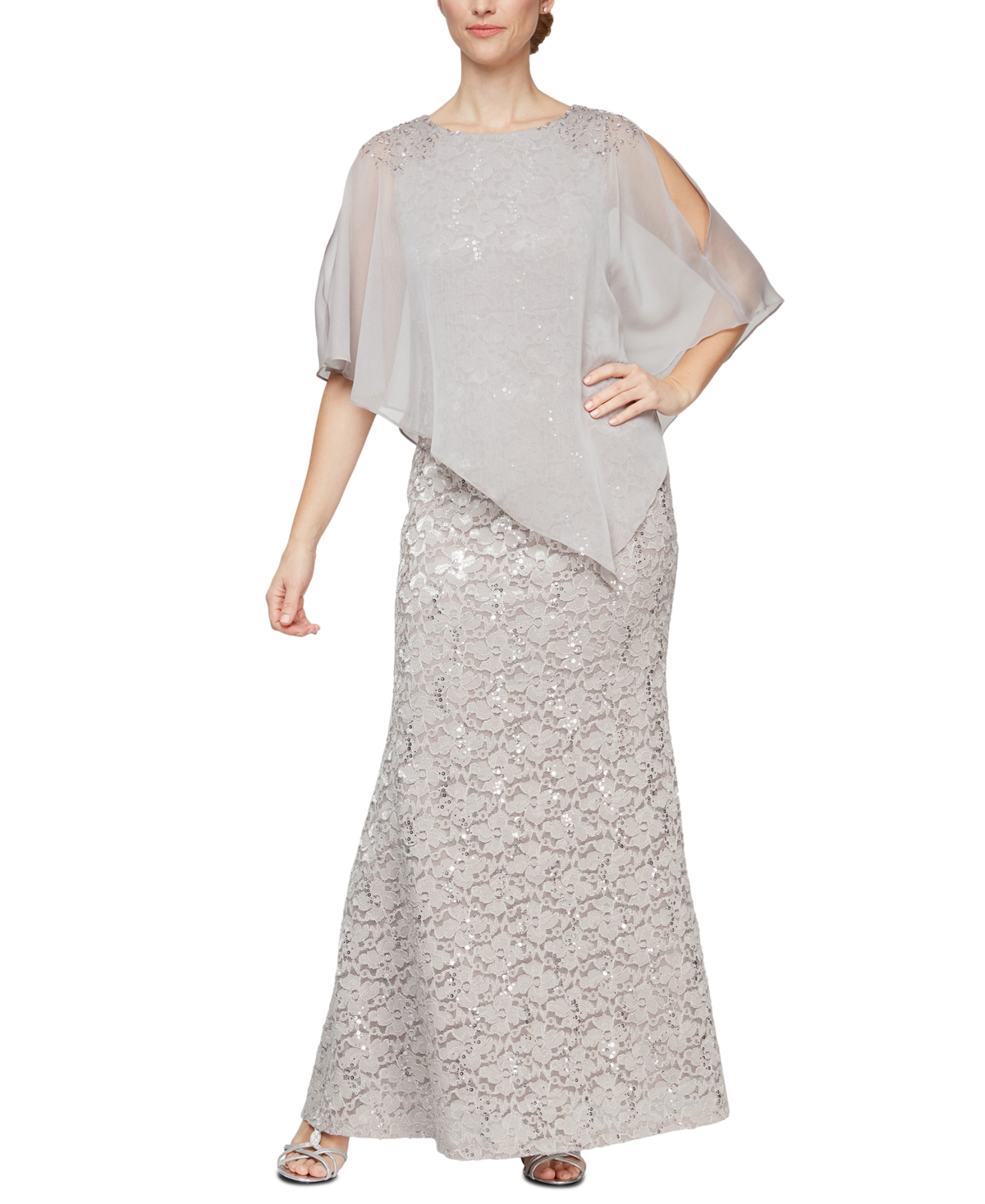 Click here for Sl Fashions Petite Round-Neck Sequin Lace Cape Dre... prices