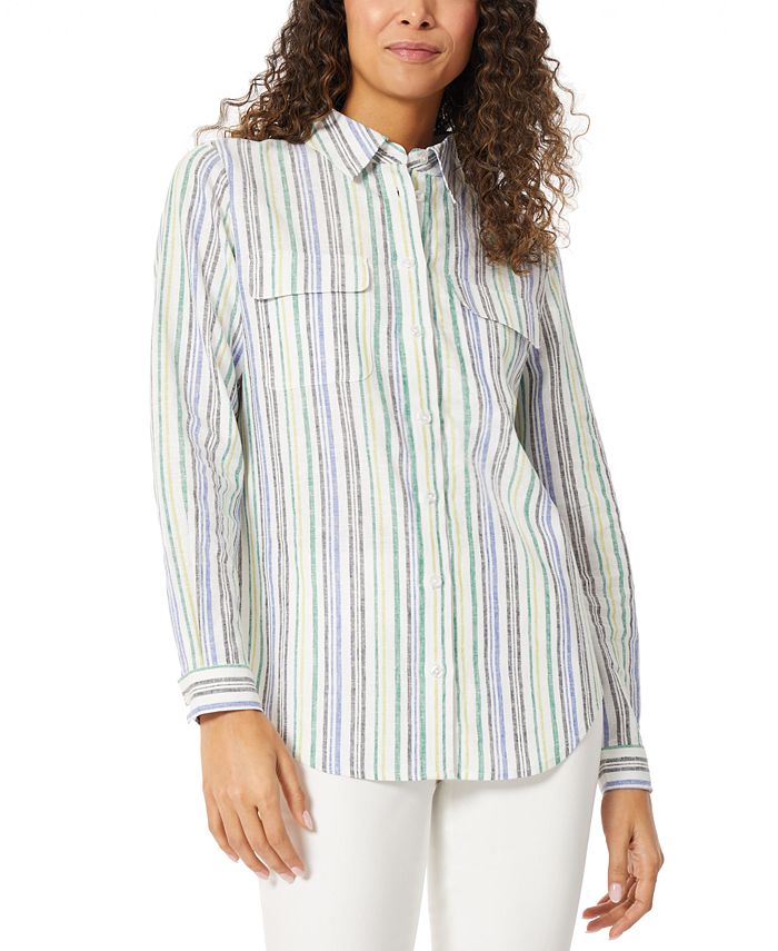 Jones New York Women's Striped Button-Up Tunic Linen Top - Macy's