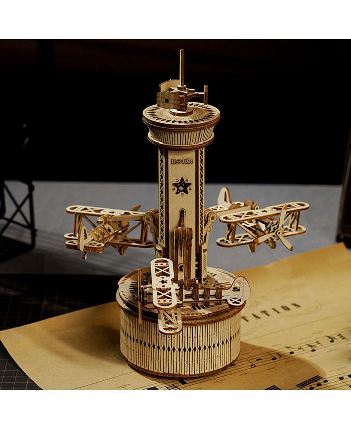 Robotime Kids 3D Wooden Puzzle Game - Airplane-control Tower Music Box - Assembly Model Building ...