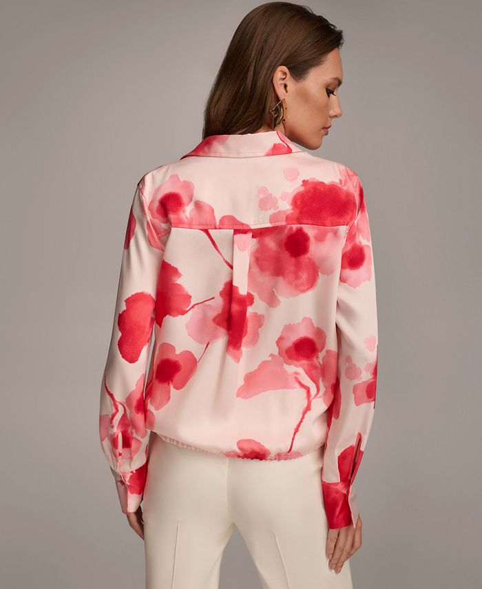 Donna Karan Women's Floral-Print Drawstring-Hem Shirt - Macy's