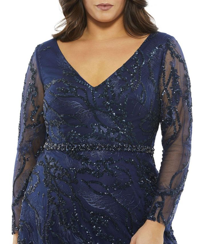 Mac Duggal Womens Plus Size Embellished Illusion Long Sleeve V Neck A
