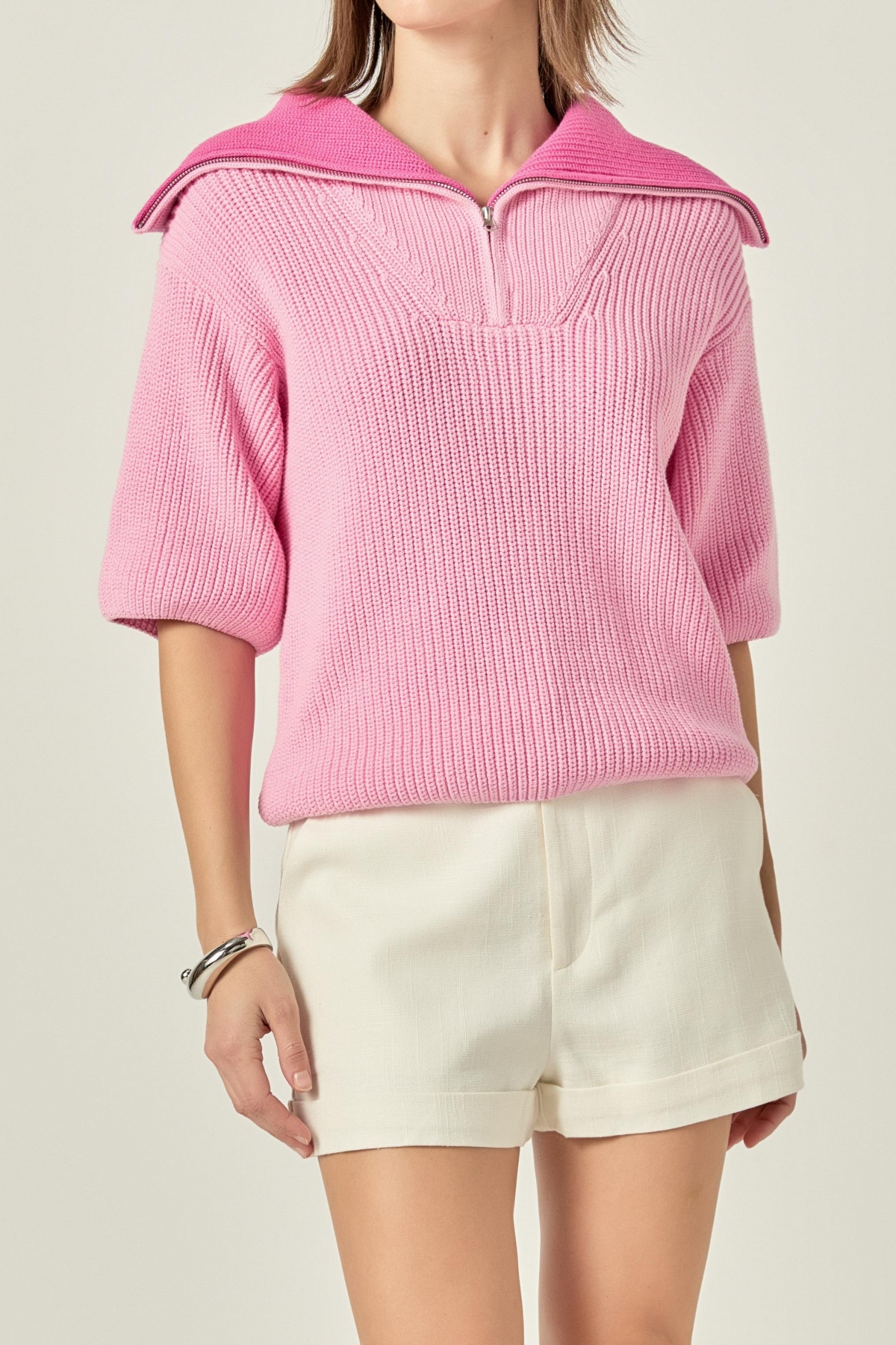 Click here for Womens Half Sleeves Collar Knit Top - Pink prices