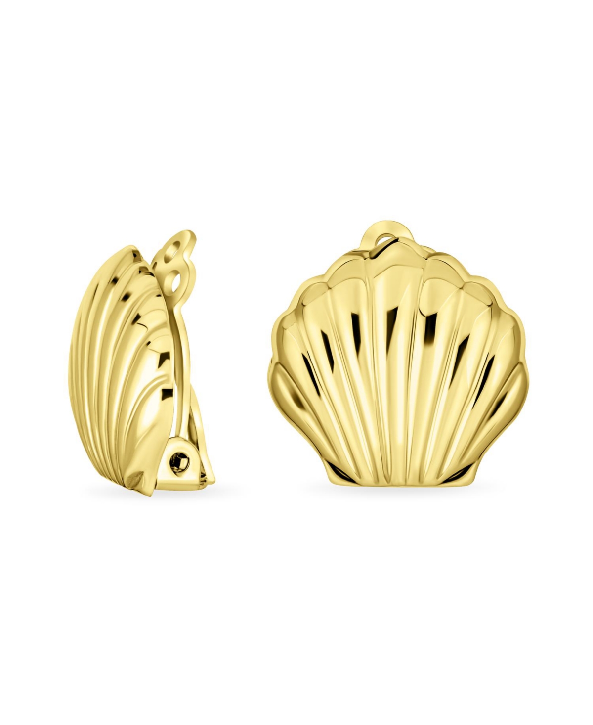Bling Jewelry Carved Seashell Shaped Nautical Clip On Earrings Non Pierced Ears Sterling Silver Alloy Clip - Gold
