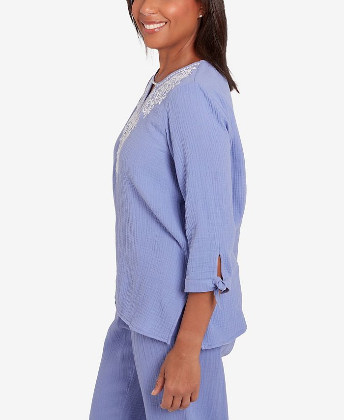 Alfred Dunner Women's Summer Breeze Embroidered Top with Tie Sleeves ...