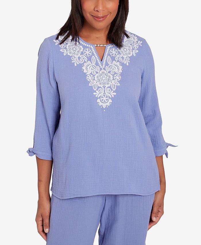 Alfred Dunner Women's Summer Breeze Embroidered Top with Tie Sleeves ...