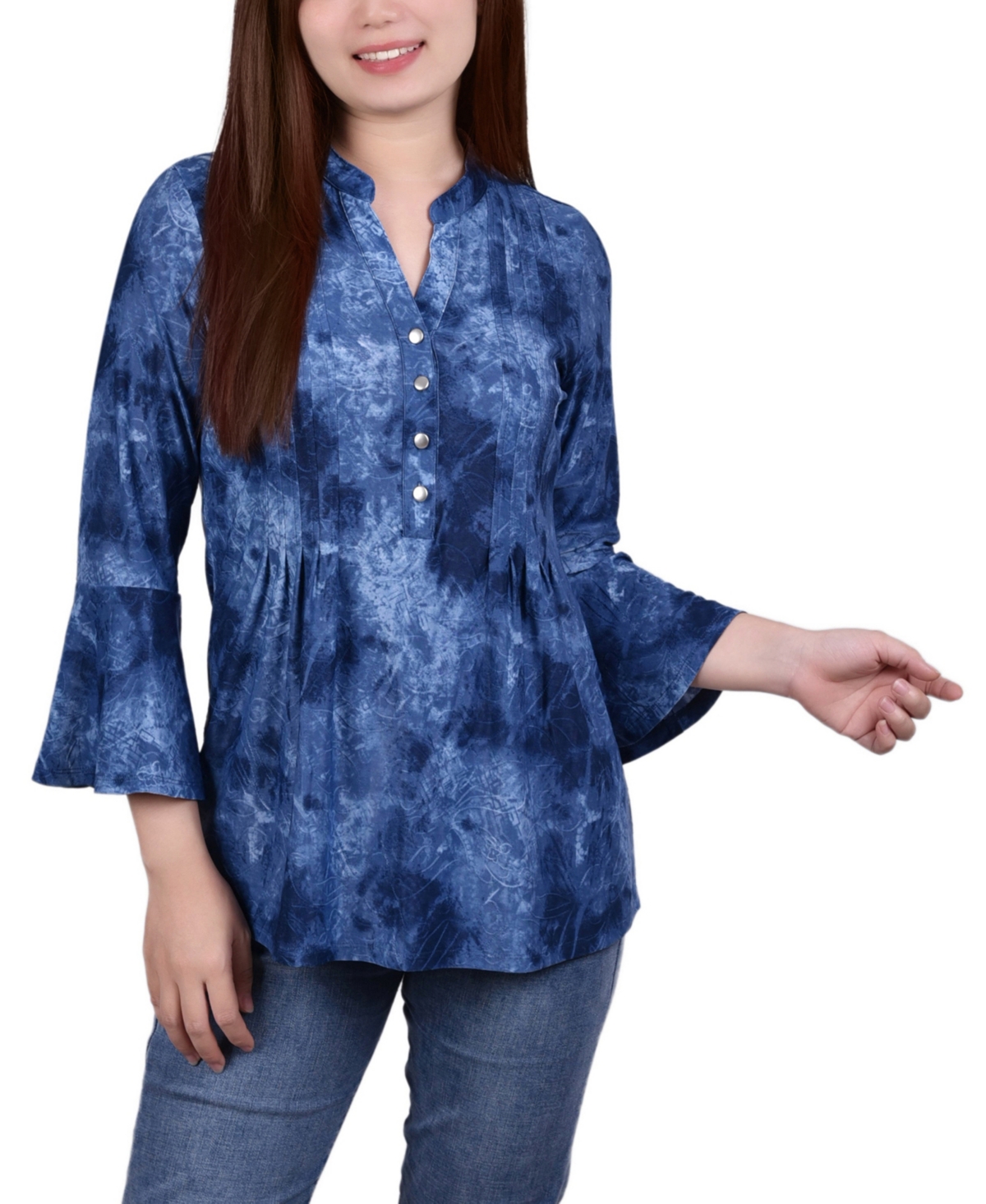 Click here for Womens 3/4 Bell Sleeve Pleat Front Y-neck Top - De... prices